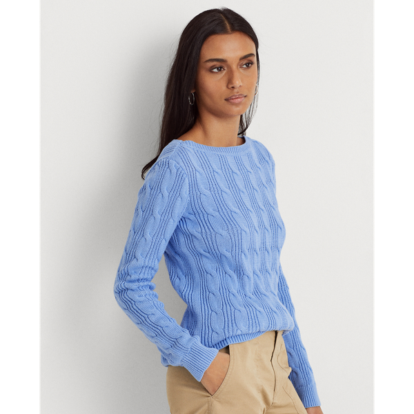 Cabana Blue Cable-Knit Cotton Boatneck Sweater Lauren 1