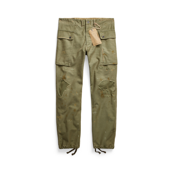 Olive Repaired Paint Distressed Satin Cargo Pant RRL 1