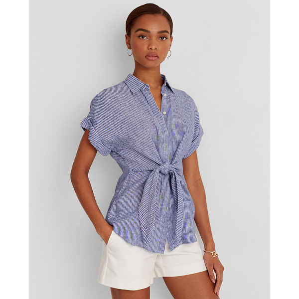Sapphire Star/White Striped Tie-Front Linen Shirt Lauren Petite 1