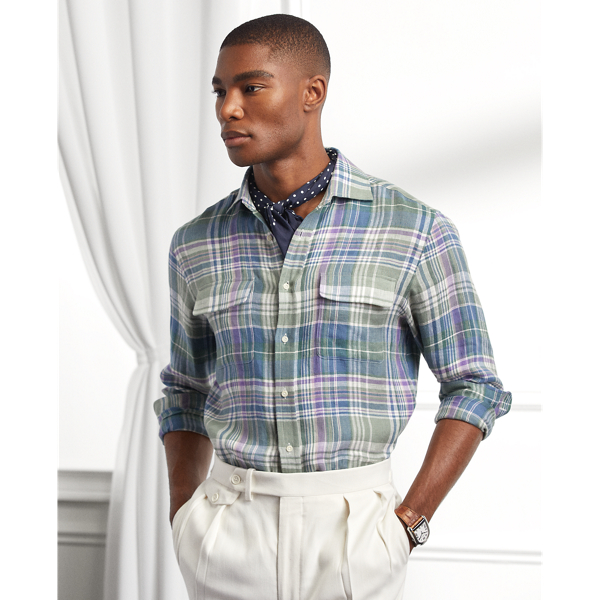 Multi Color Plaid Linen Twill Shirt Purple Label 1