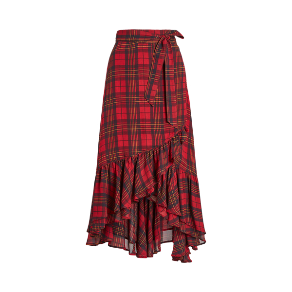 Plaid Ruffle-Trim Georgette Wrap Skirt