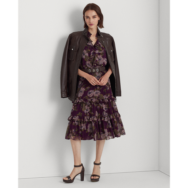 Purple Multi Floral Belted Crinkle Georgette Dress Lauren 1