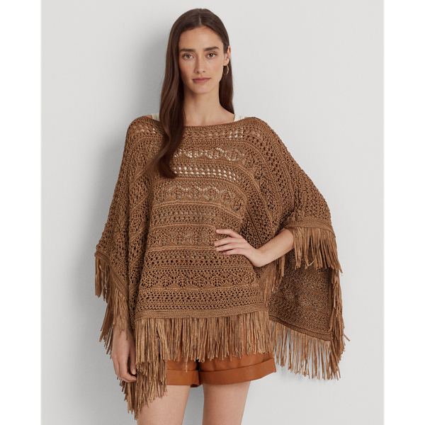 Fringe-Trim Pointelle-Knit Poncho | Ralph Lauren® Australia
