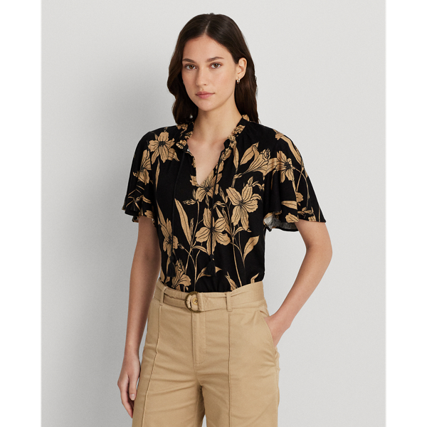 Floral Linen Blend Jersey Tie Neck Top Ralph Lauren® Australia