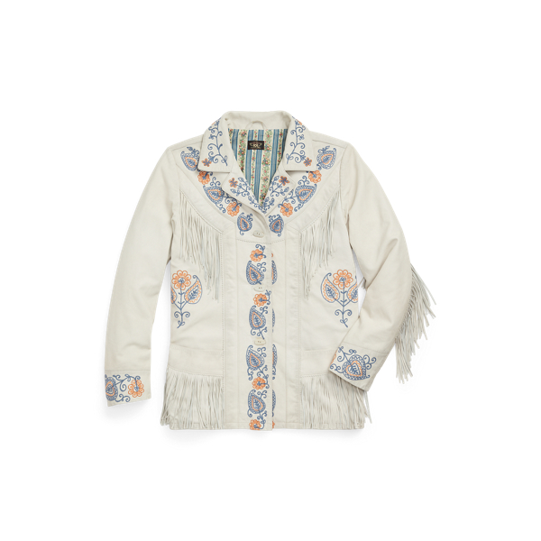 Fringe-Trim Embroidered Leather Jacket