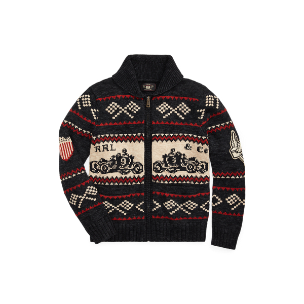 Black/Cream/Red Car-Motif Cotton-Wool Zip Cardigan RRL 1