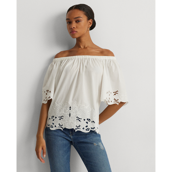 White Eyelet Cotton Off-the-Shoulder Blouse Lauren 1