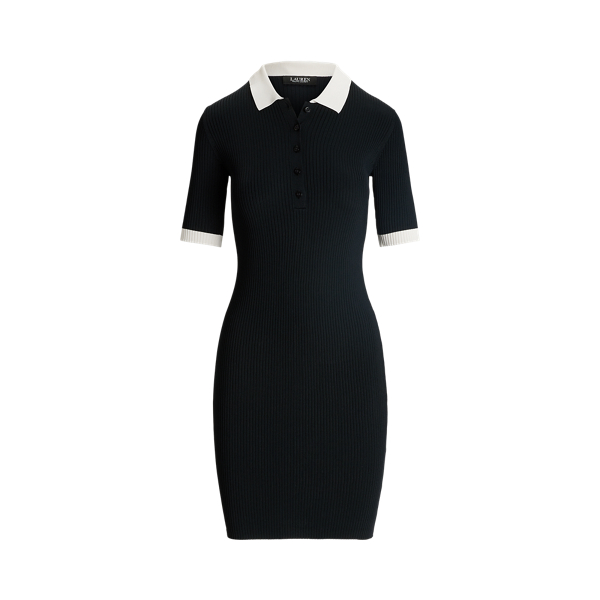 Two-Tone Rib-Knit Polo Sweater Dress