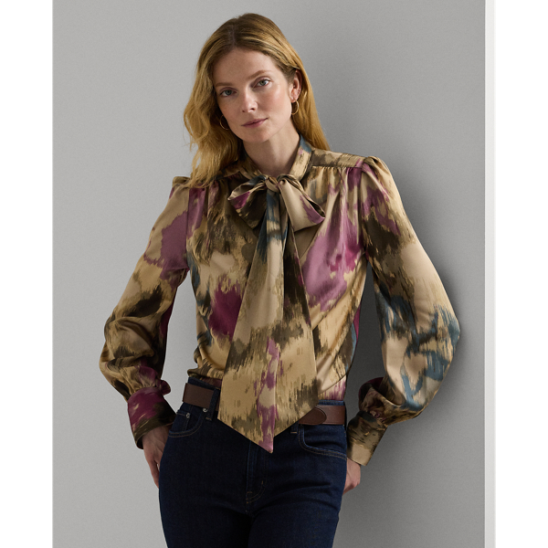 Floral Satin Charmeuse Tie-Neck Blouse