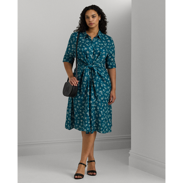 Indigo Multi Floral Tie-Front Linen Shirtdress Lauren Woman 1