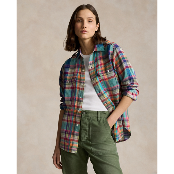 Plaid Linen Utility Shirt for Women | Ralph Lauren® UK