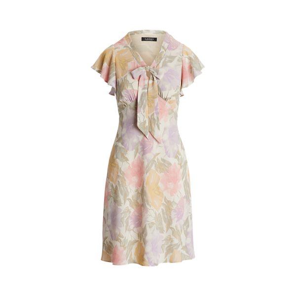 Floral Bubble Crepe Tie-Neck Dress