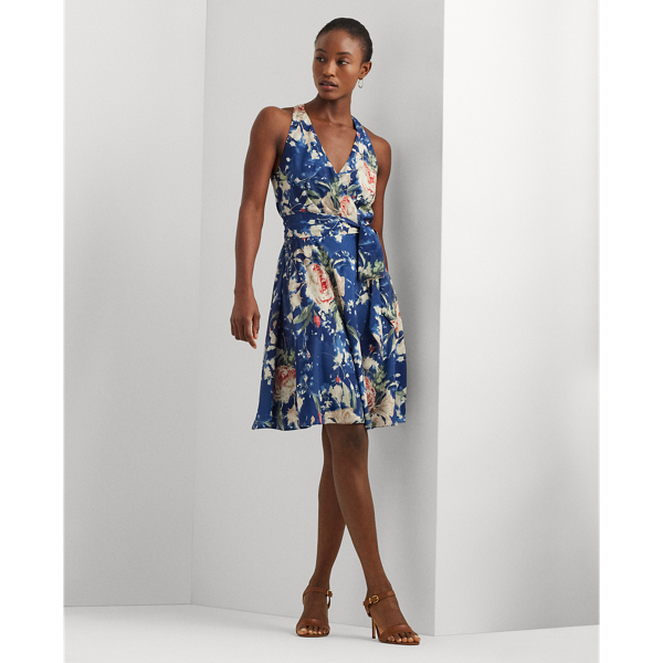 Blue Multi Floral Belted Crepe Sleeveless Dress Lauren 1