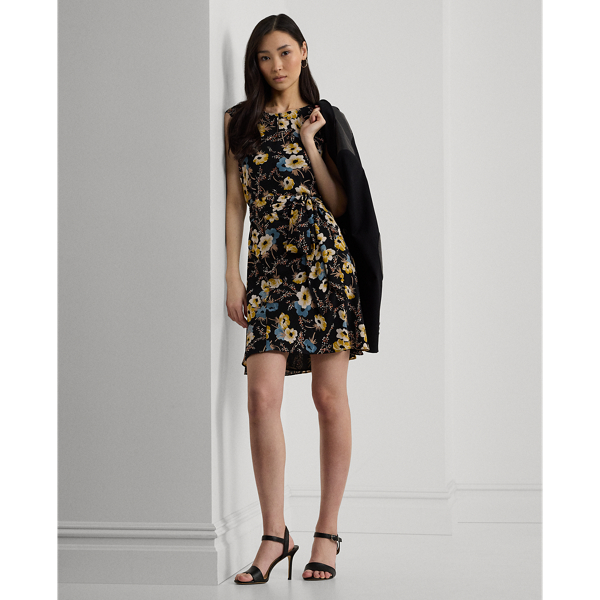 Black Multi Floral Bubble Crepe Cap-Sleeve Dress Lauren 1