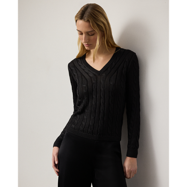 Black Cable-Knit Silk V-Neck Sweater Ralph Lauren Collection 1