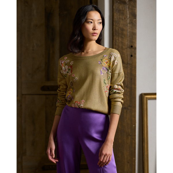 Gold Embellished Foiled Silk Crewneck Sweater Ralph Lauren Collection 1