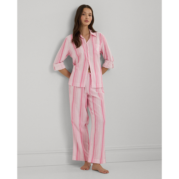 Pink Stripe Striped Gauze Roll-Tab-Sleeve Sleep Set Lauren 1