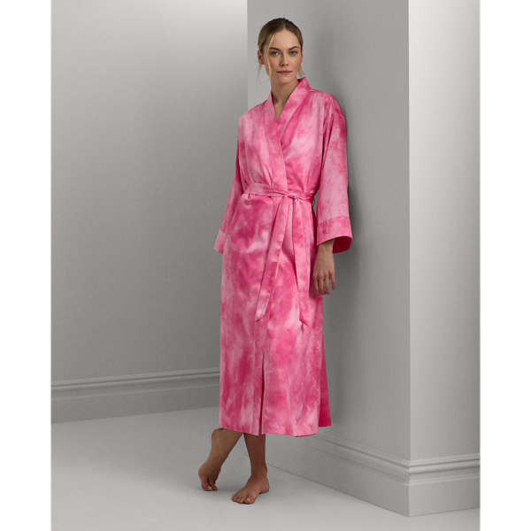Dark Pink Print Tie-Dye-Print Belted Satin Long Robe Lauren 1