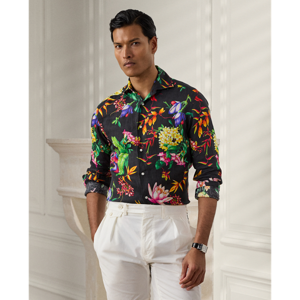 Black Botanical-Print Linen Shirt Purple Label 1